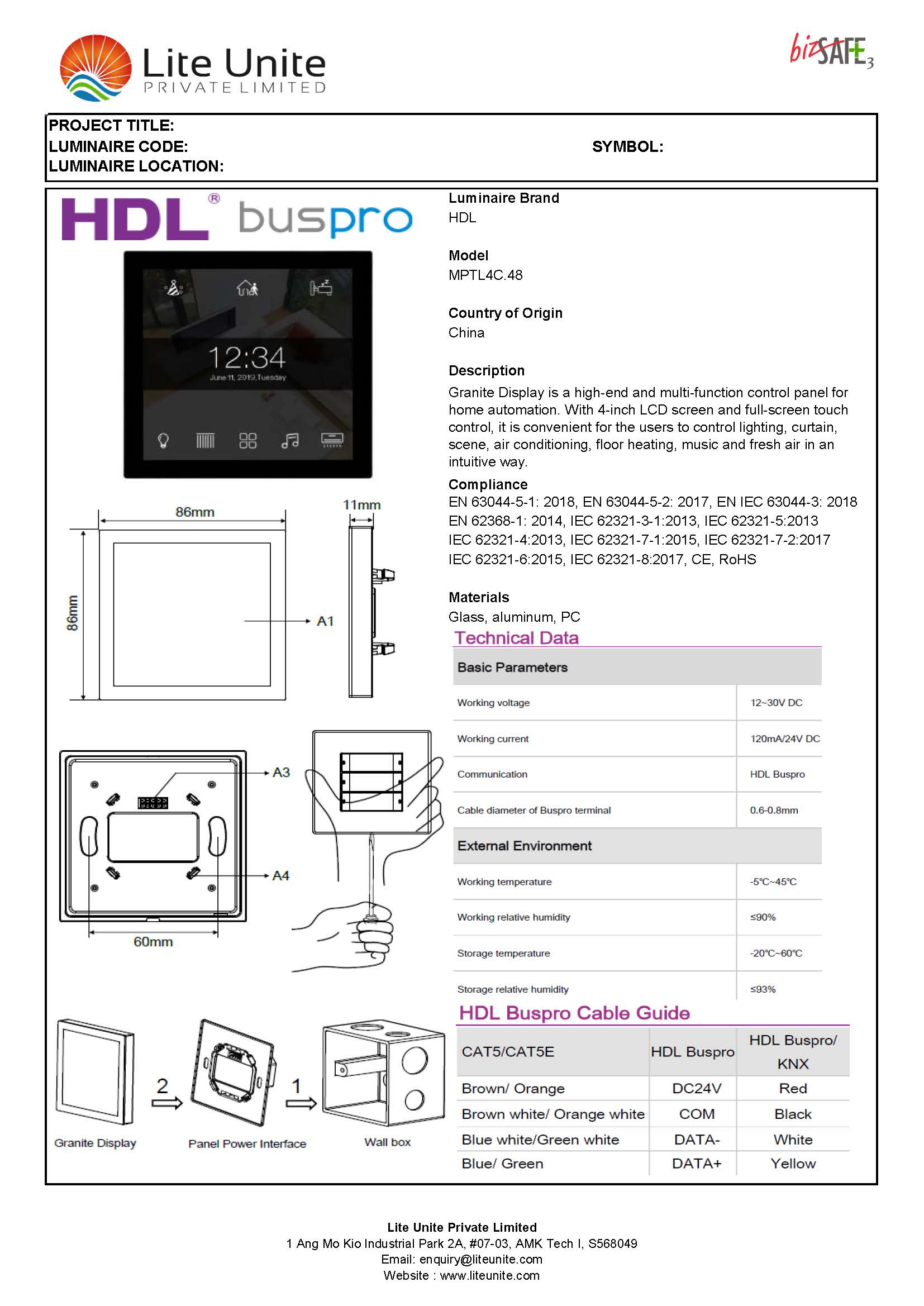 Touch Screen Panel - Granite 4" - Lite Unite